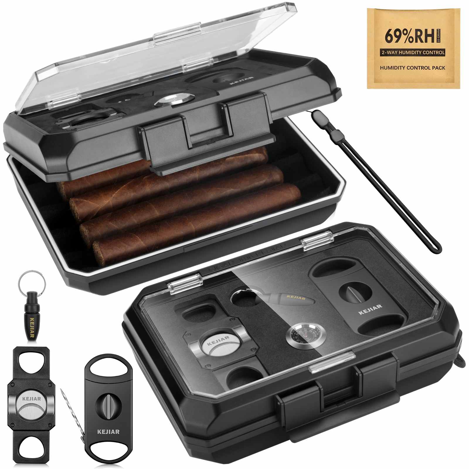 KEJIAR Plastic Travel Humidor Case with Hygrometer, Cigar V Cutter, St ...