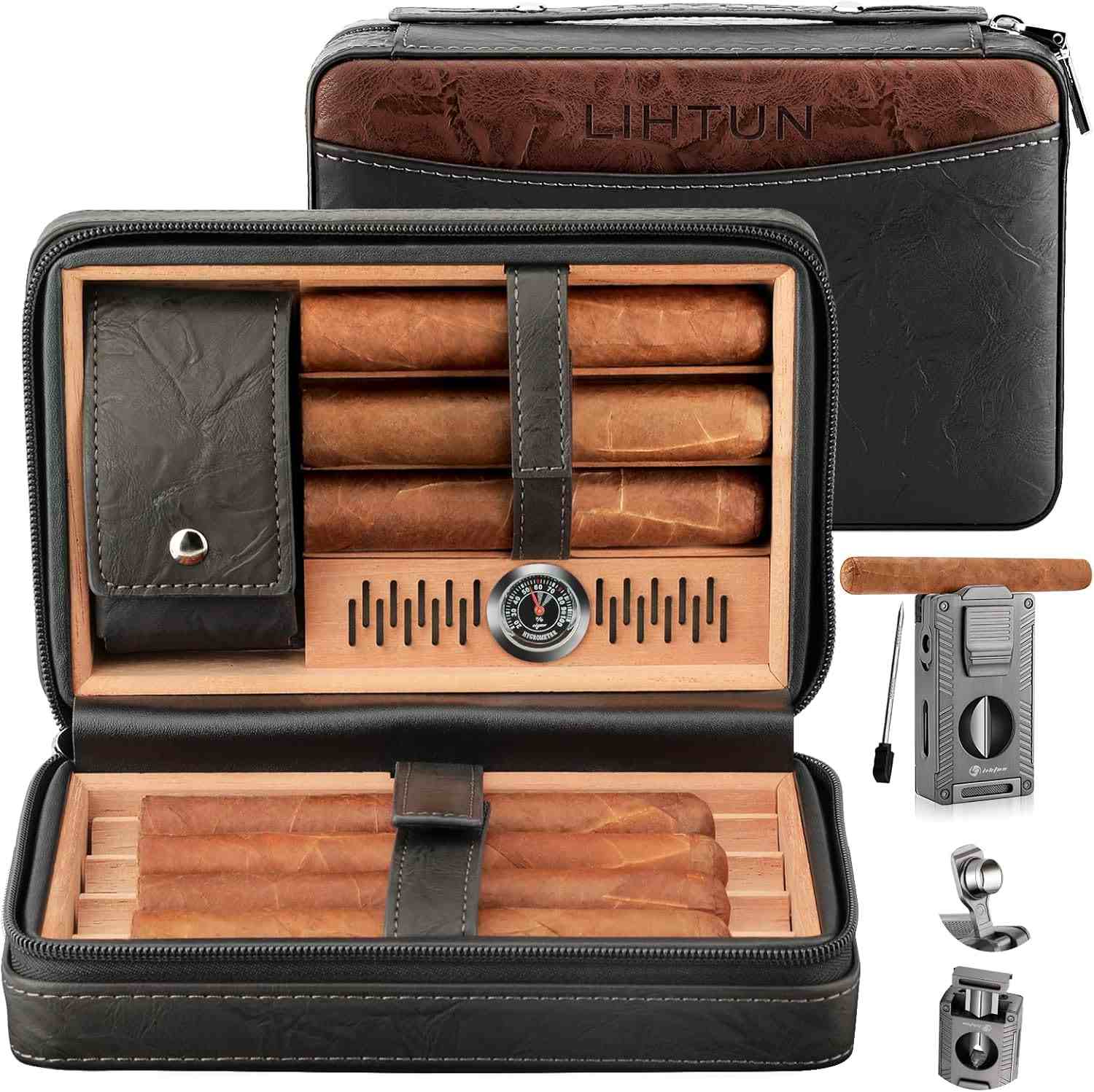 LIHTUN Cigar Humidor, Leather Cedar Wood Travel Cigar Case and Multifu ...