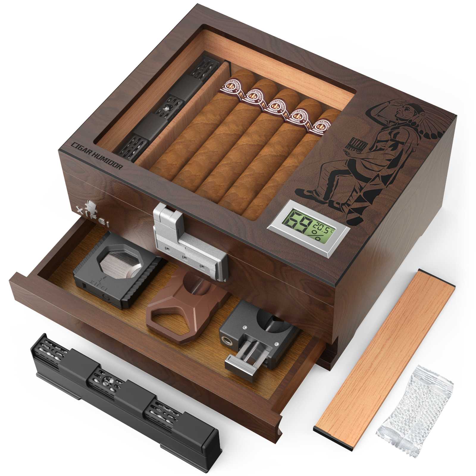 XIFEI Wooden Humidor with Combination Lock, Glass Top Cigar Humidor wi
